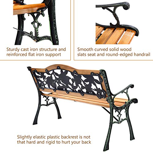 Tangkula Outdoor Garden Bench Park Bench, Patio Furniture Bench Chair with Cast Iron & Hardwood Structure, Weather Proof Porch Loveseat, Perfect for Backyard, Deck, Lawn, Poolside