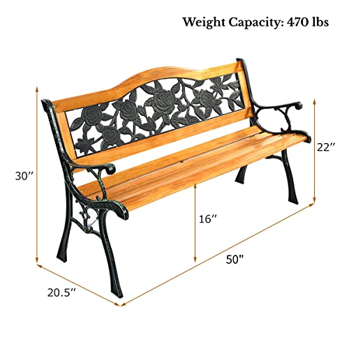 Tangkula Outdoor Garden Bench Park Bench, Patio Furniture Bench Chair with Cast Iron & Hardwood Structure, Weather Proof Porch Loveseat, Perfect for Backyard, Deck, Lawn, Poolside