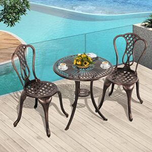 Verano Garden 3 Piece Outdoor Bistro Set Rust-Resistant Cast Aluminum Patio Bistro Set Antique Finish, Weather Resistant Patio Table and Chairs, Outdoor/Indoor Use, Bronze