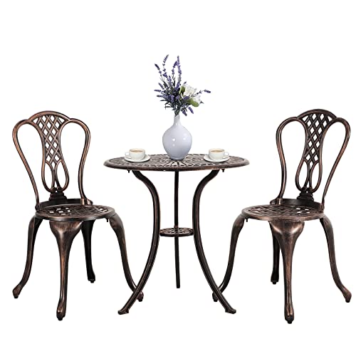 Verano Garden 3 Piece Outdoor Bistro Set Rust-Resistant Cast Aluminum Patio Bistro Set Antique Finish, Weather Resistant Patio Table and Chairs, Outdoor/Indoor Use, Bronze