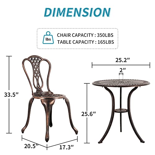 Verano Garden 3 Piece Outdoor Bistro Set Rust-Resistant Cast Aluminum Patio Bistro Set Antique Finish, Weather Resistant Patio Table and Chairs, Outdoor/Indoor Use, Bronze