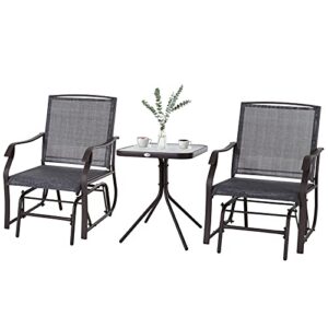 outsunny 3 pcs outdoor gliders set bistro set with glass top table for patio, garden, backyard, lawn, grey