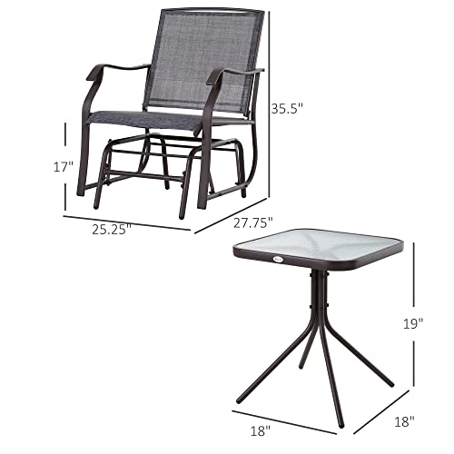 Outsunny 3 Pcs Outdoor Gliders Set Bistro Set with Glass Top Table for Patio, Garden, Backyard, Lawn, Grey