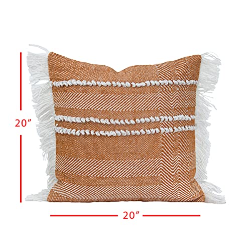 Foreside Home & Garden Orange Striped Woven 20x20 Outdoor Decorative Throw Pillow with Hand Tied Fringe, 20 x 20 x 5, Brown