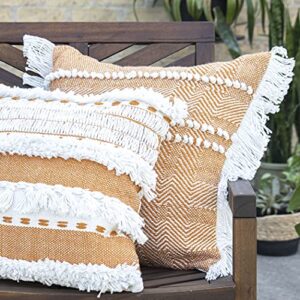 Foreside Home & Garden Orange Striped Woven 20x20 Outdoor Decorative Throw Pillow with Hand Tied Fringe, 20 x 20 x 5, Brown