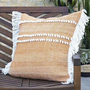 Foreside Home & Garden Orange Striped Woven 20x20 Outdoor Decorative Throw Pillow with Hand Tied Fringe, 20 x 20 x 5, Brown