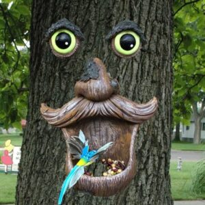 ALLADINBOX Tree Face Birdfeeder - Old Man with Glowing Eyes in Dark Outdoor Tree Hugger Sculpture - Whimsical Garden Decoration and Wild Birdfeeder Yard Art