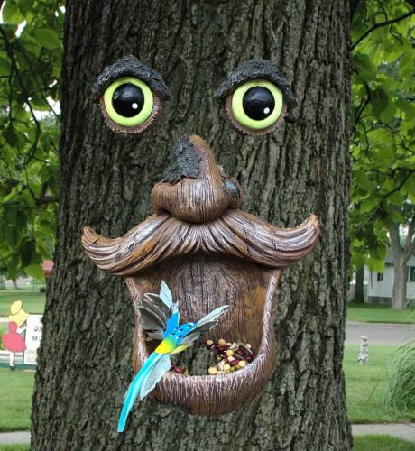 ALLADINBOX Tree Face Birdfeeder - Old Man with Glowing Eyes in Dark Outdoor Tree Hugger Sculpture - Whimsical Garden Decoration and Wild Birdfeeder Yard Art