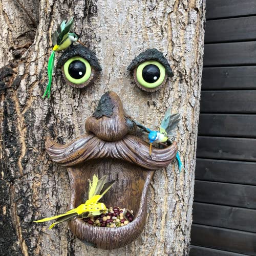 ALLADINBOX Tree Face Birdfeeder - Old Man with Glowing Eyes in Dark Outdoor Tree Hugger Sculpture - Whimsical Garden Decoration and Wild Birdfeeder Yard Art