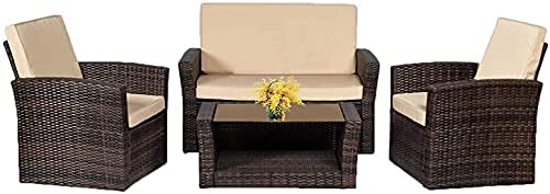 FDW 4 Pieces Patio Sectional Sofa Rattan Chair Outdoor Backyard Porch Poolside Balcony Garden Furniture with Coffee Table, Brown