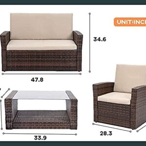 FDW 4 Pieces Patio Sectional Sofa Rattan Chair Outdoor Backyard Porch Poolside Balcony Garden Furniture with Coffee Table, Brown