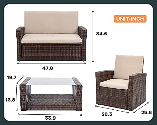 FDW 4 Pieces Patio Sectional Sofa Rattan Chair Outdoor Backyard Porch Poolside Balcony Garden Furniture with Coffee Table, Brown