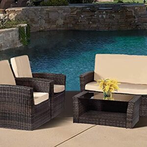 FDW 4 Pieces Patio Sectional Sofa Rattan Chair Outdoor Backyard Porch Poolside Balcony Garden Furniture with Coffee Table, Brown