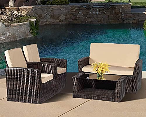 FDW 4 Pieces Patio Sectional Sofa Rattan Chair Outdoor Backyard Porch Poolside Balcony Garden Furniture with Coffee Table, Brown