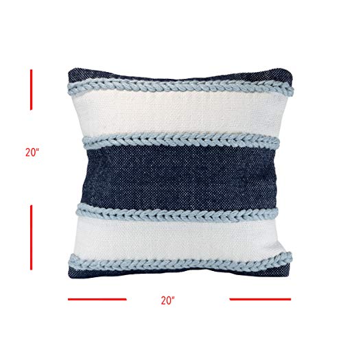 Foreside Home & Garden FIPL09254 Blue Decorative Striped Hand Woven 20x20 Outdoor Throw Pillow w/Pulled Yarn Accent