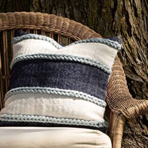 Foreside Home & Garden FIPL09254 Blue Decorative Striped Hand Woven 20x20 Outdoor Throw Pillow w/Pulled Yarn Accent