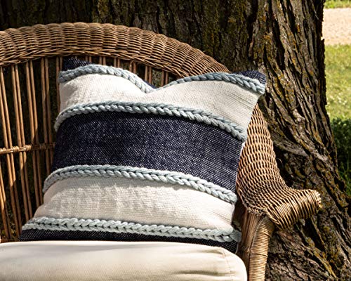 Foreside Home & Garden FIPL09254 Blue Decorative Striped Hand Woven 20x20 Outdoor Throw Pillow w/Pulled Yarn Accent