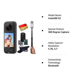 insta360 X3- Waterproof 360 Action Camera with 1/2'' 48MP Sensors, 5.7K HDR Video, 72MP Photo, 4K Single-Lens, 60fps Me Mode, 2.29'' Touchscreen, AI Editing |Bundle Includes Selfie Stick&128GB, Black