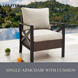 LOKATSE HOME Outdoor Patio Furniture Modern Wicker Sofa Chair Rattan Conversation Single Armchair with Cushion, Brown