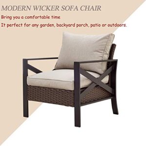 LOKATSE HOME Outdoor Patio Furniture Modern Wicker Sofa Chair Rattan Conversation Single Armchair with Cushion, Brown