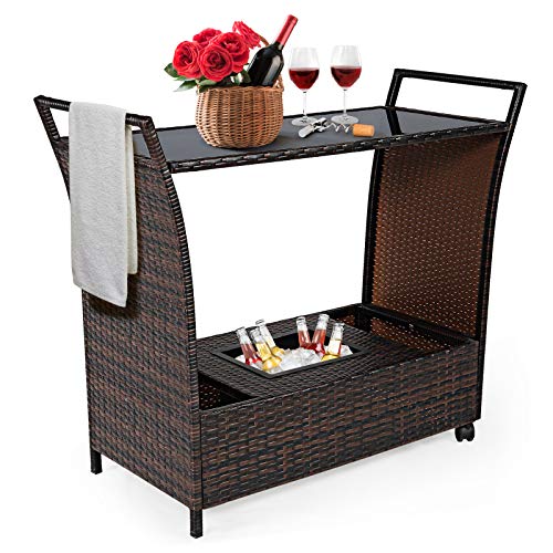 Tangkula Outdoor Wicker Bar Cart, Patio Wine Serving Cart w/Wheels & Removable Ice Bucket, Rolling Rattan Beverage Bar Counter Table w/Glass Top for Porch Backyard Garden Poolside Party, Mix Brown