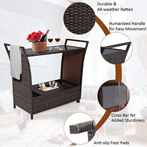 Tangkula Outdoor Wicker Bar Cart, Patio Wine Serving Cart w/Wheels & Removable Ice Bucket, Rolling Rattan Beverage Bar Counter Table w/Glass Top for Porch Backyard Garden Poolside Party, Mix Brown