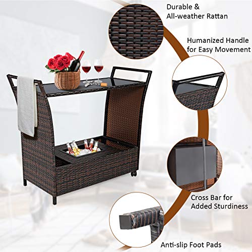 Tangkula Outdoor Wicker Bar Cart, Patio Wine Serving Cart w/Wheels & Removable Ice Bucket, Rolling Rattan Beverage Bar Counter Table w/Glass Top for Porch Backyard Garden Poolside Party, Mix Brown