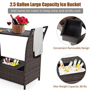 Tangkula Outdoor Wicker Bar Cart, Patio Wine Serving Cart w/Wheels & Removable Ice Bucket, Rolling Rattan Beverage Bar Counter Table w/Glass Top for Porch Backyard Garden Poolside Party, Mix Brown