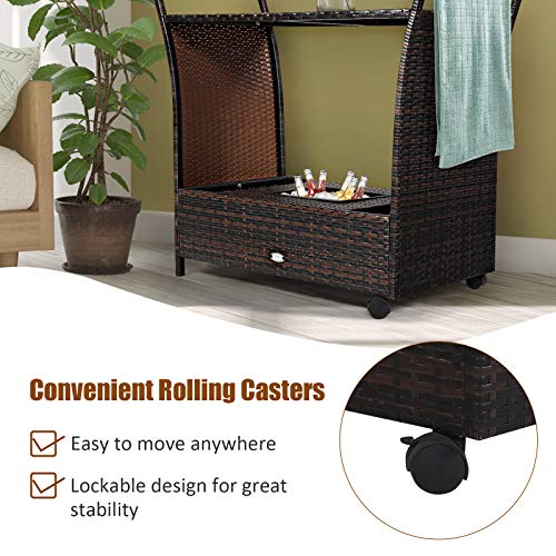 Tangkula Outdoor Wicker Bar Cart, Patio Wine Serving Cart w/Wheels & Removable Ice Bucket, Rolling Rattan Beverage Bar Counter Table w/Glass Top for Porch Backyard Garden Poolside Party, Mix Brown