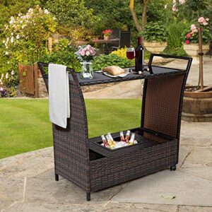 Tangkula Outdoor Wicker Bar Cart, Patio Wine Serving Cart w/Wheels & Removable Ice Bucket, Rolling Rattan Beverage Bar Counter Table w/Glass Top for Porch Backyard Garden Poolside Party, Mix Brown