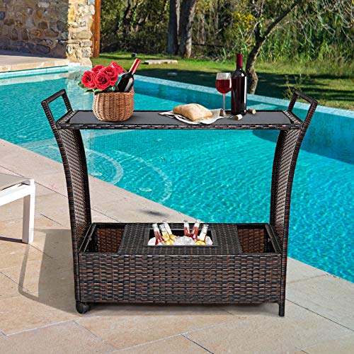 Tangkula Outdoor Wicker Bar Cart, Patio Wine Serving Cart w/Wheels & Removable Ice Bucket, Rolling Rattan Beverage Bar Counter Table w/Glass Top for Porch Backyard Garden Poolside Party, Mix Brown