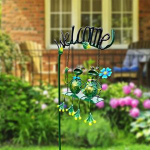 HONGLAND Outdoor Garden Solar Lights,Frog Swing Garden Decor,Frog Decorative Stake with Welcome Sign for Landscape Patio Yard (48 inch)