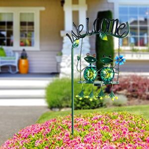 HONGLAND Outdoor Garden Solar Lights,Frog Swing Garden Decor,Frog Decorative Stake with Welcome Sign for Landscape Patio Yard (48 inch)