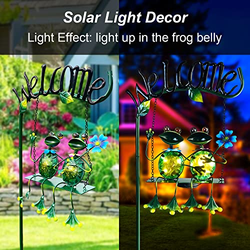 HONGLAND Outdoor Garden Solar Lights,Frog Swing Garden Decor,Frog Decorative Stake with Welcome Sign for Landscape Patio Yard (48 inch)