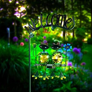 HONGLAND Outdoor Garden Solar Lights,Frog Swing Garden Decor,Frog Decorative Stake with Welcome Sign for Landscape Patio Yard (48 inch)