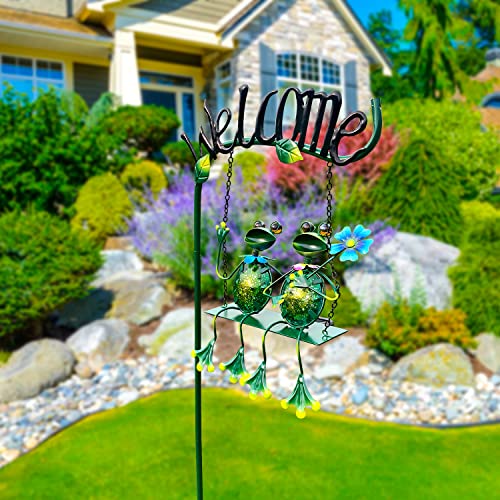 HONGLAND Outdoor Garden Solar Lights,Frog Swing Garden Decor,Frog Decorative Stake with Welcome Sign for Landscape Patio Yard (48 inch)