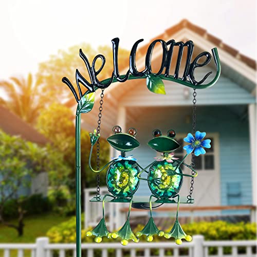 HONGLAND Outdoor Garden Solar Lights,Frog Swing Garden Decor,Frog Decorative Stake with Welcome Sign for Landscape Patio Yard (48 inch)