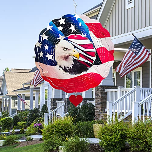 Stainless Steel Wind Spinner - 14 inches 3D Metal Kinetic Art America Flag Hanging Indoor Outdoor Yard Garden Decorations Crafts Ornaments