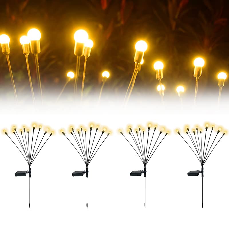 MOTEERLLU 4 Pack 10 LED Solar Powered Firefly Lights,Outdoor Waterproof Decorative String Lights,Starburst Swaying Garden Lights for Path Landscape,Swaying When Wind Blows (4 PC,Warm White)