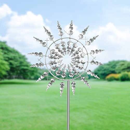 3D Wind Powered Kinetic Sculpture,Unique and Magical Metal Windmill,Wind Sculptures,Metal Wind Spinner Solar, Lawn Wind Spinners for Yard/Garden Decoration,Spring Easter Decorations (Silver)