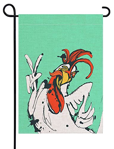 Uanvaha cock Small Garden Flag for Outside cartoon Funny chicken showing victory sign and winking rooster akimbo Burlap Welcome Yard Flags Outdoor Farmhouse Home Decor 12.5X18 Inch