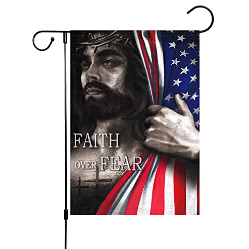 Louise Maelys Jesus American Garden Flag 12x18 Double Sided, Burlap Small Vertical Faith Over Fear God Christian Jesus Cross Religious Religion Yard Flags Banners For Farmhouse Lawn Outdoor Outside Home Easter Decoration (ONLY FLAG)