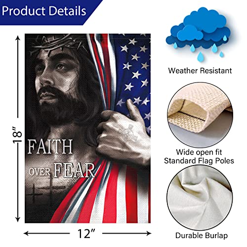 Louise Maelys Jesus American Garden Flag 12x18 Double Sided, Burlap Small Vertical Faith Over Fear God Christian Jesus Cross Religious Religion Yard Flags Banners For Farmhouse Lawn Outdoor Outside Home Easter Decoration (ONLY FLAG)