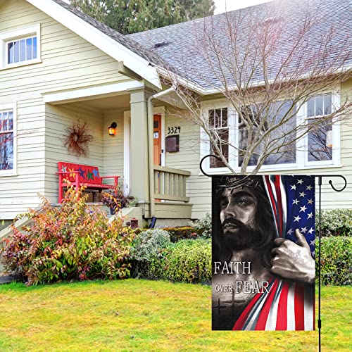 Louise Maelys Jesus American Garden Flag 12x18 Double Sided, Burlap Small Vertical Faith Over Fear God Christian Jesus Cross Religious Religion Yard Flags Banners For Farmhouse Lawn Outdoor Outside Home Easter Decoration (ONLY FLAG)