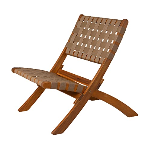 Patio Sense 64098 Sava Indoor Outdoor Folding Chair All Weather Wicker Low Slung Portable Seating Solid Acacia Wood Woven Seat & Back Indoors Porch Lawn Garden Fishing Sporting - Brown Webbing