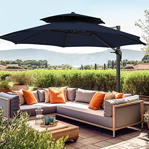 wikiwiki 10 FT Double Top Cantilever Patio Umbrellas Outdoor Offset Umbrella w/ 36 Month Fade Resistance Recycled Fabric, 6-Level 360°Rotation Aluminum Pole for Deck Pool Garden, Navy Blue