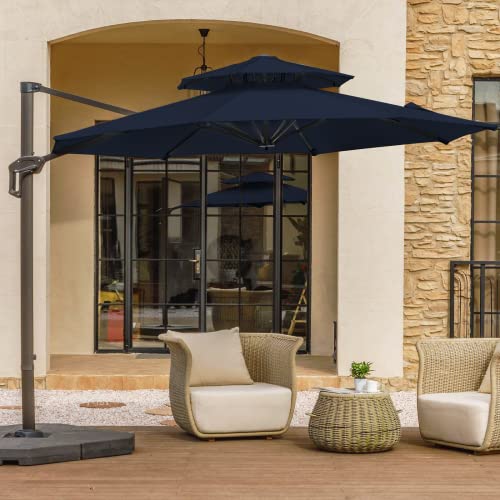 wikiwiki 10 FT Double Top Cantilever Patio Umbrellas Outdoor Offset Umbrella w/ 36 Month Fade Resistance Recycled Fabric, 6-Level 360°Rotation Aluminum Pole for Deck Pool Garden, Navy Blue