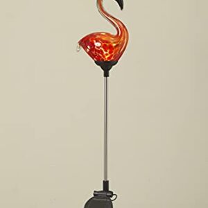 Hand Blown Glass Flamingo Solar Lighted Yard Stake, Solar Garden Torch 31 Inches High with Lighted Glass Body and Automatic Night Lighting