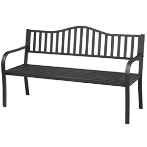 Tangkula Outdoor Garden Bench with Pullout Middle Table, Patio Park Steel Bench, Front Porch Bench, Pool Deck Bench, Outdoor Furniture Loveseat Chair for 2-3 Person, Ideal for Yard Lawn Entryway