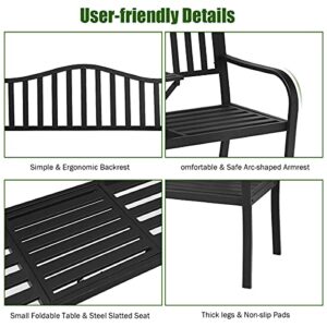 Tangkula Outdoor Garden Bench with Pullout Middle Table, Patio Park Steel Bench, Front Porch Bench, Pool Deck Bench, Outdoor Furniture Loveseat Chair for 2-3 Person, Ideal for Yard Lawn Entryway